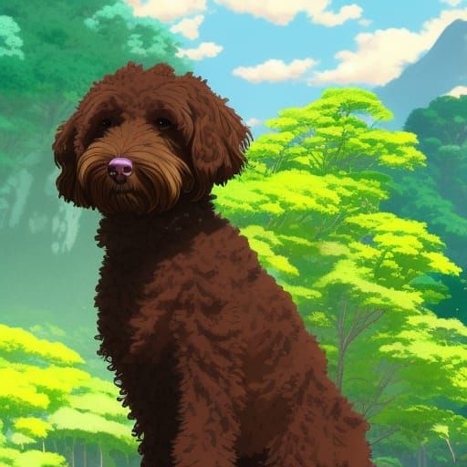 dark brown labradoodle wearing neon green bolero sleeves, beautuiful ...