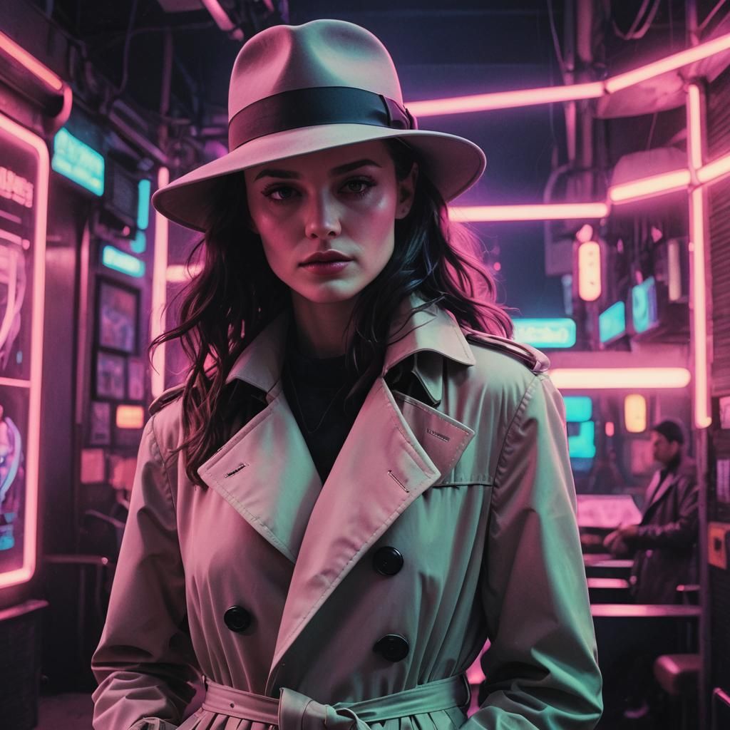 A Decteive in a Fedora hat and trench coat. moody neon world of Alien ...