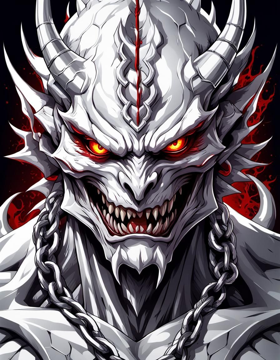 White demon, with white scales and red eyes and fangs, chains around ...