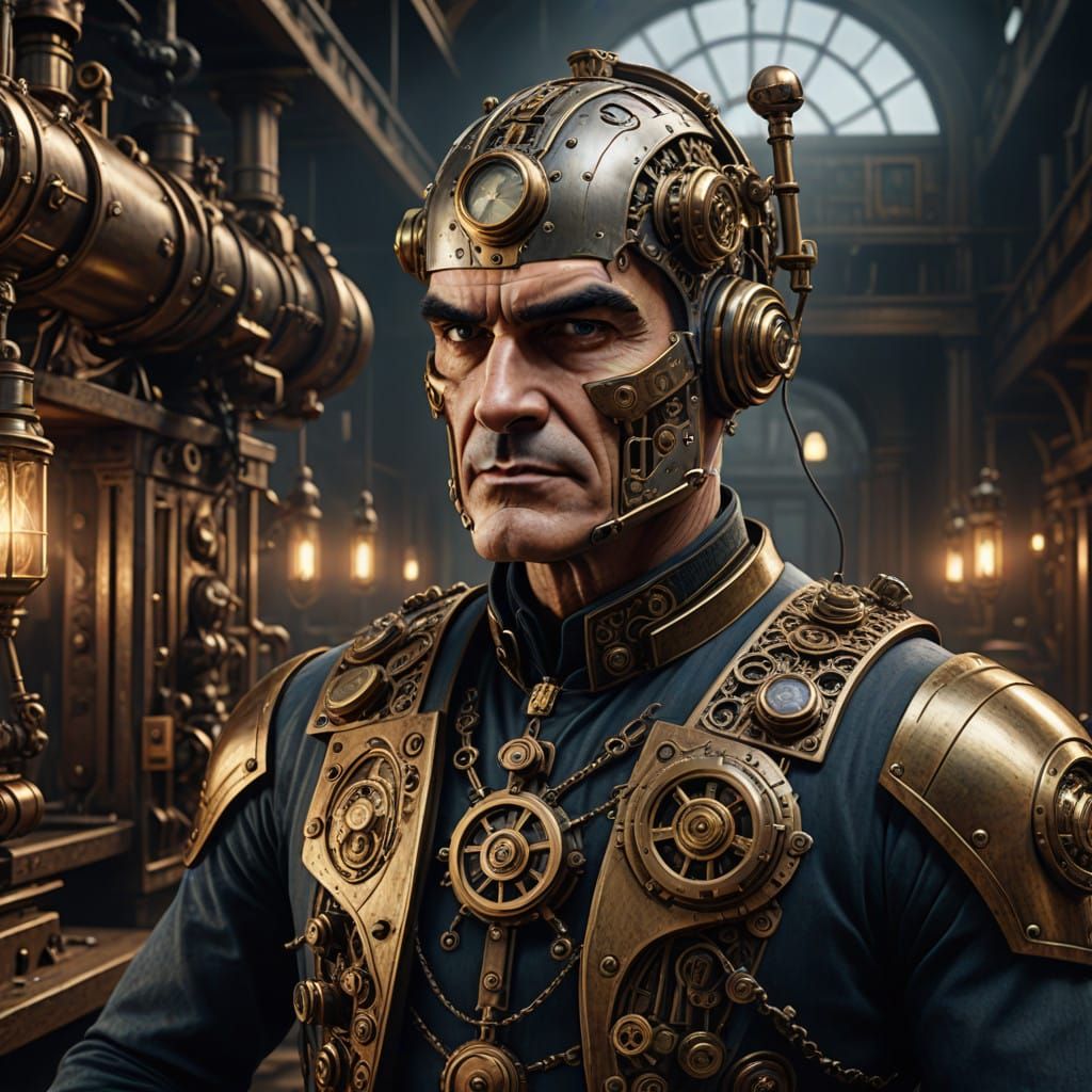 Craft a steam punk image where Henry Rollins, an inventor, reveals a ...