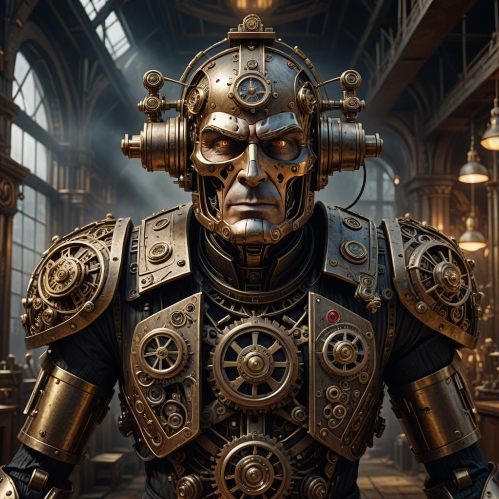 Craft a steam punk image where Henry Rollins, an inventor, reveals a ...