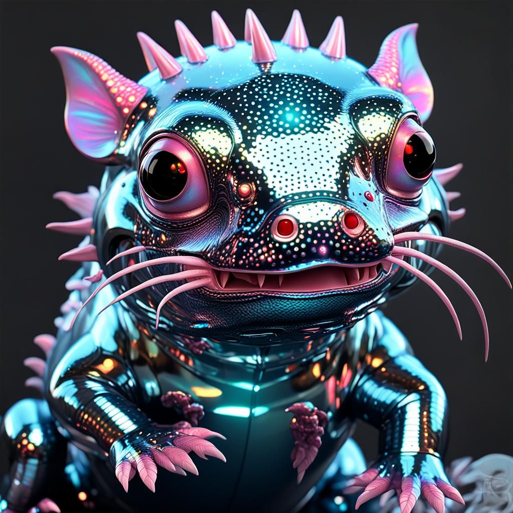 hyper realistic anime black 3d render of holographic chrome axolotl ...