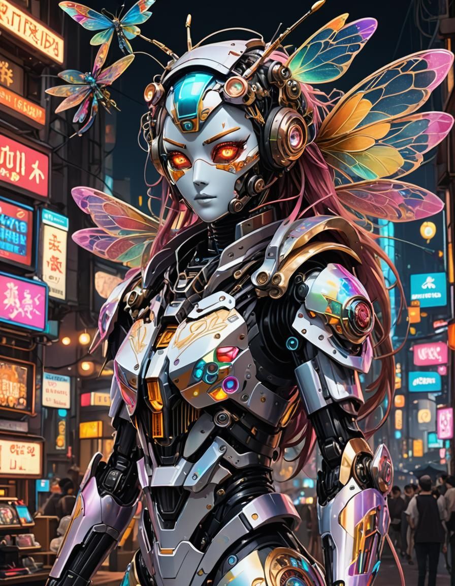 (masked robot magical girl with cyber googles, many dragonfly inspired ...
