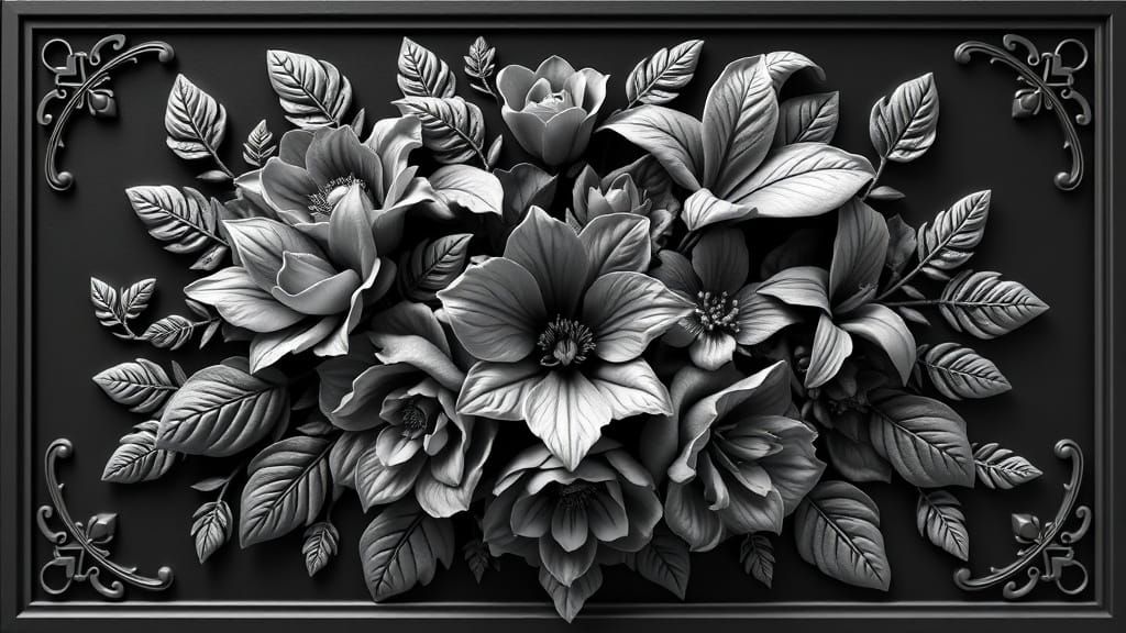 //DRAW High-contrast 3D grayscale relief of an intricately detailed ...
