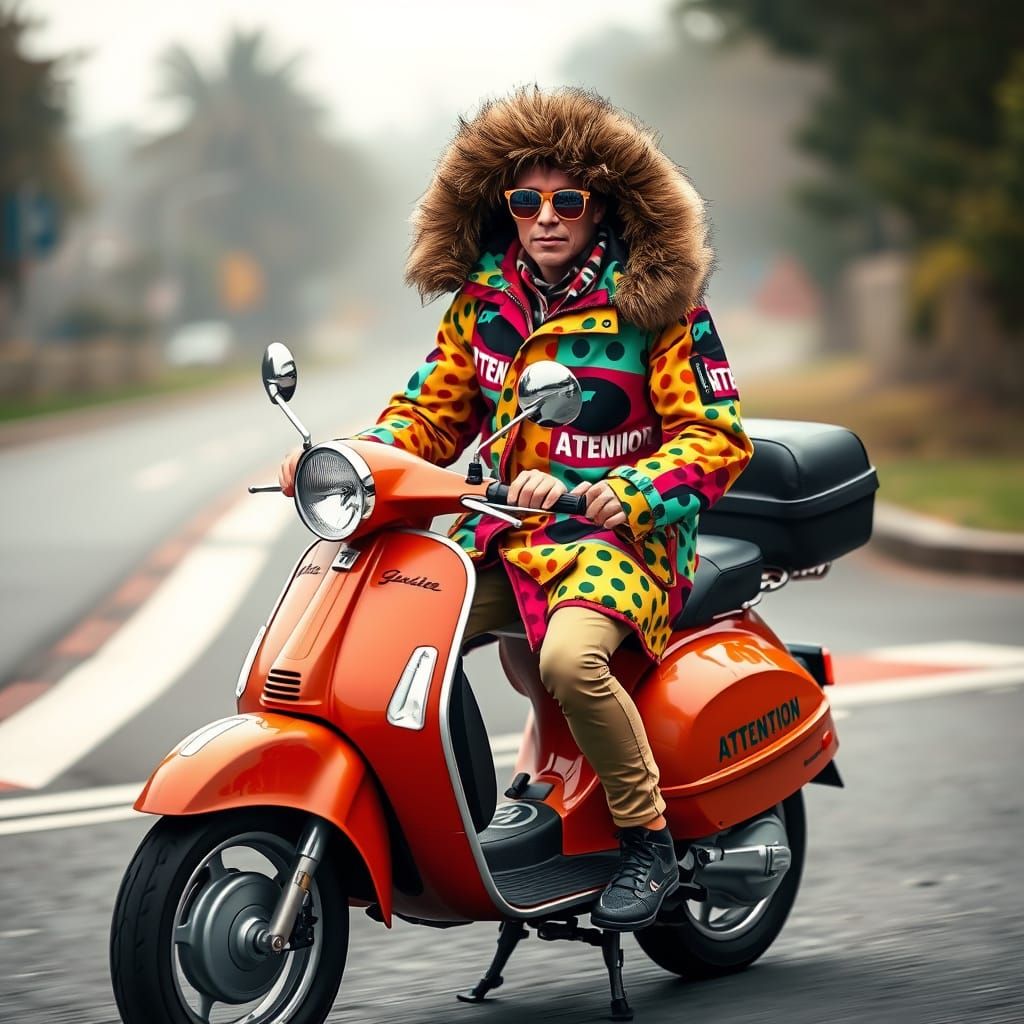 Mod wearing a parka on a mod scooter wrapped in "Attention" artwork