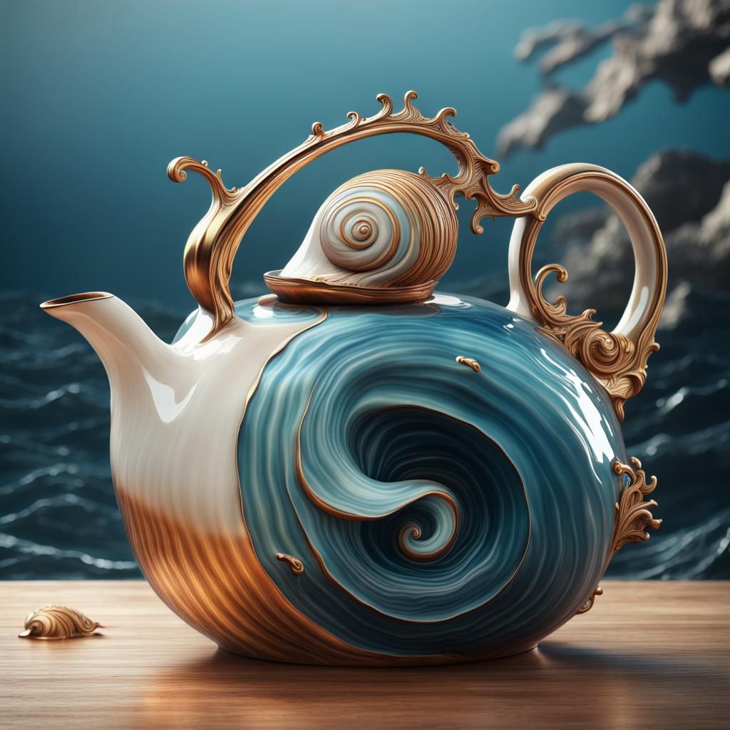 glazed very shiny ceramic teapot shaped like nautilus shell with waves ...