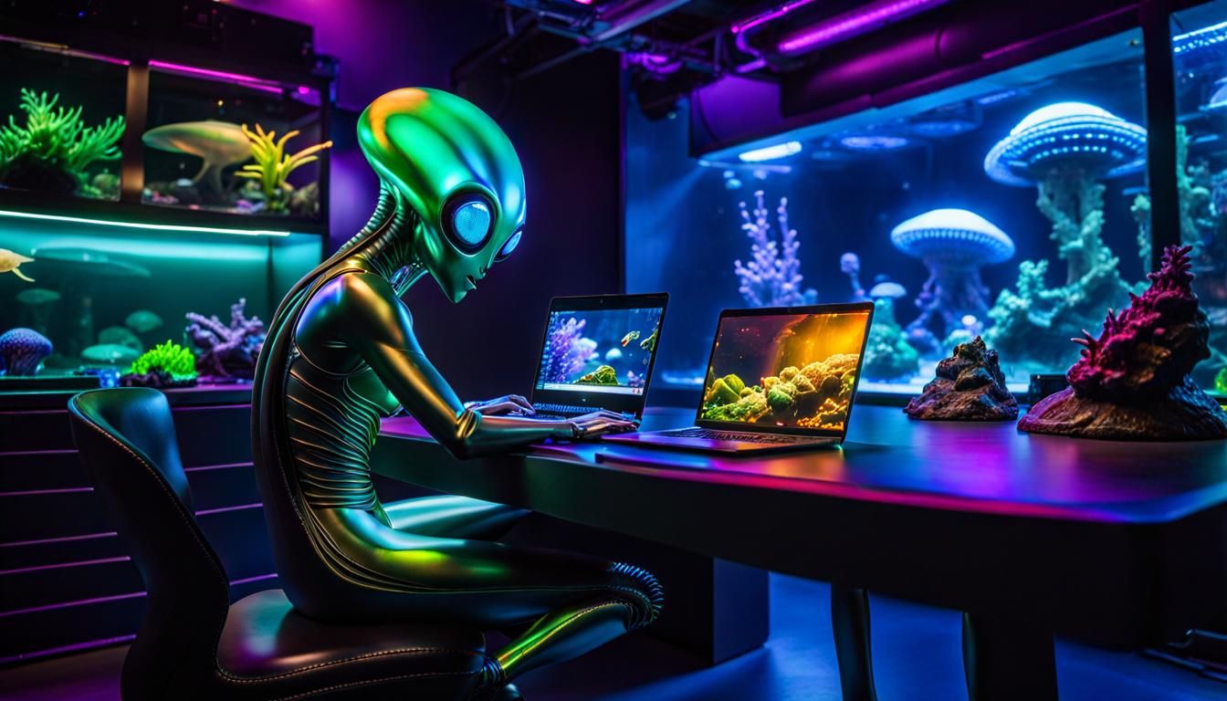 An alien that is retrofuturistic partly made of metal is sitting at a ...