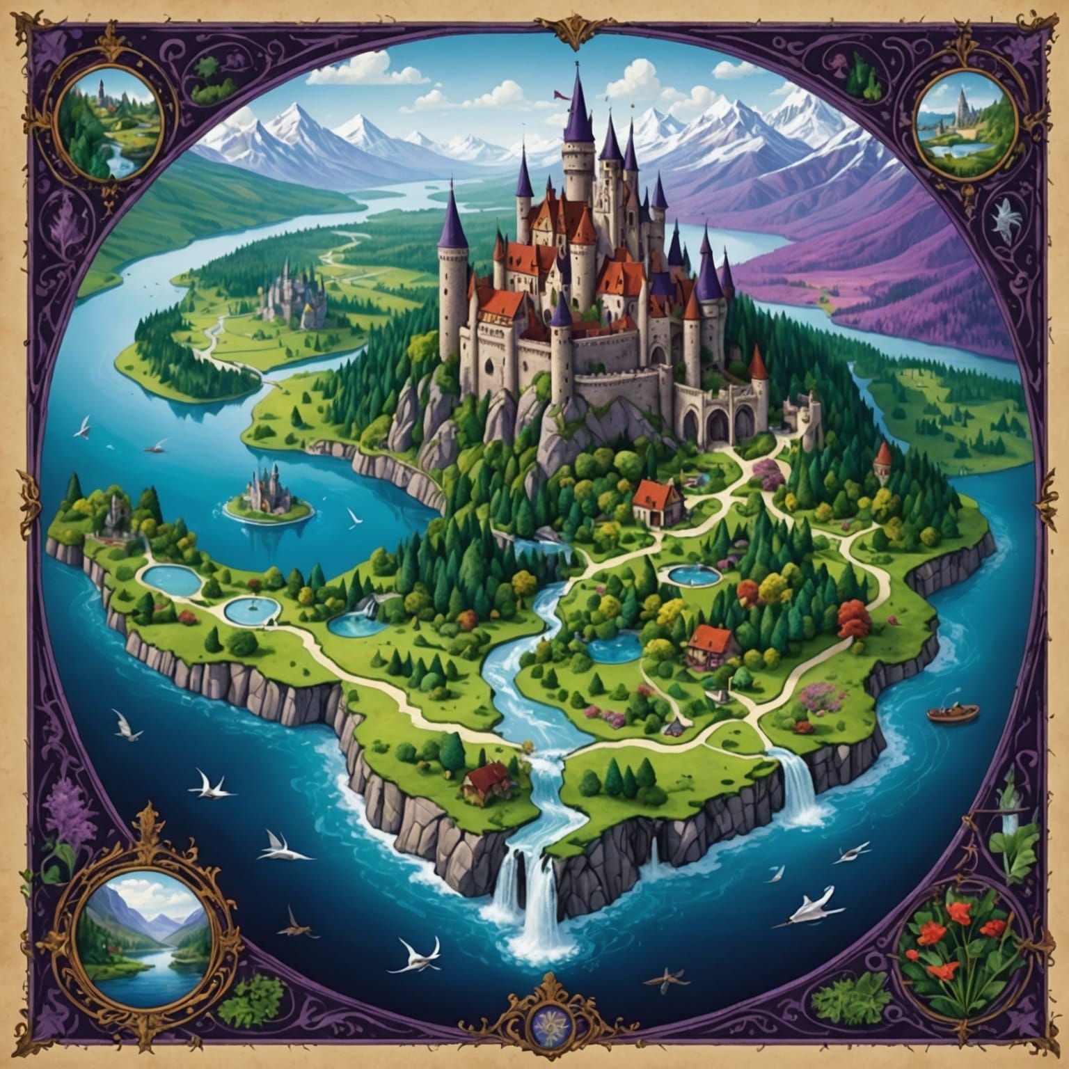 A realistically looking map of a magic world of which contains: gardens ...
