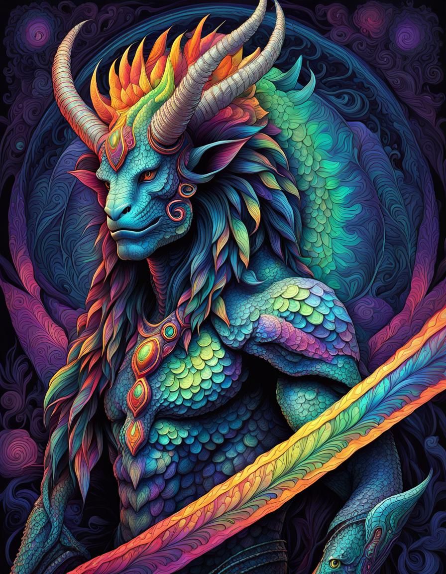 (Hyper detailed surreal artwork of a wandering mystical reptile man ...