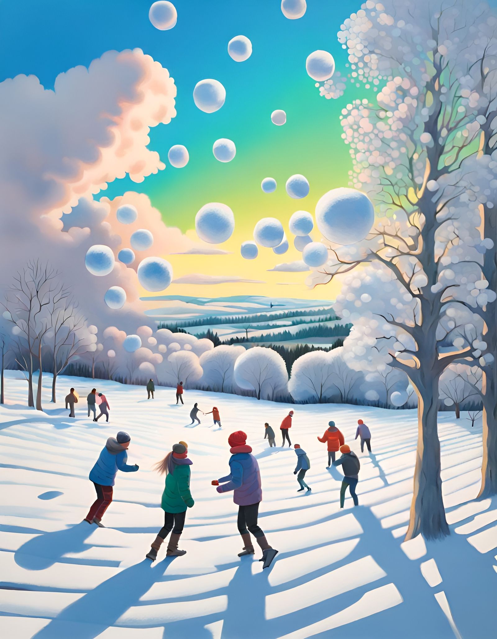 snow with young people throwing snowballs in a meadow, hyperdetailed ...