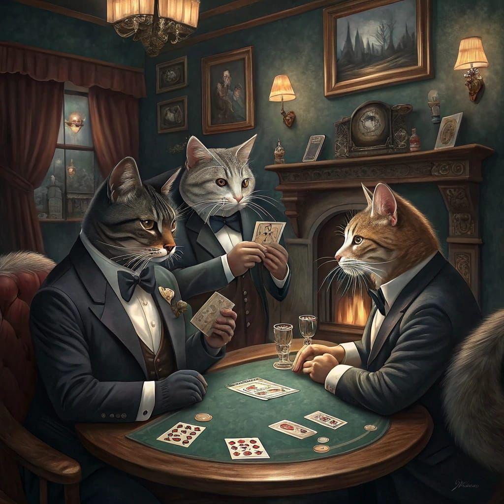 Serious cats playing cards - Serious cats playing cards