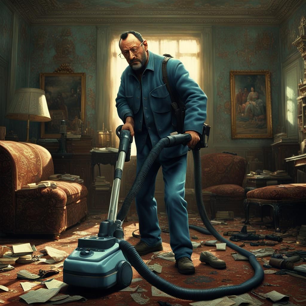 Jean Reno holding a vacuum cleaner like it was a machine gun , Jean ...