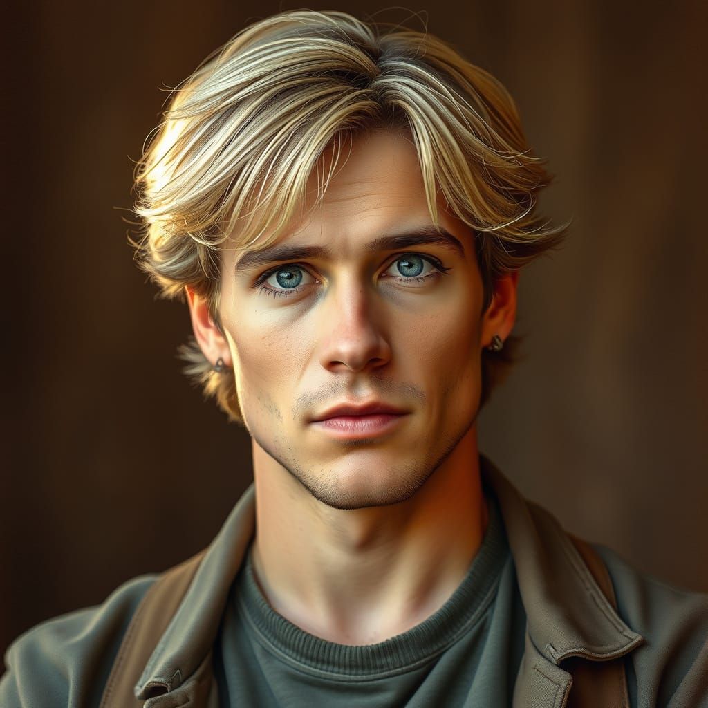 A Stocky Man with Ashy Blond Hair and Bright Blue ... - AI Art