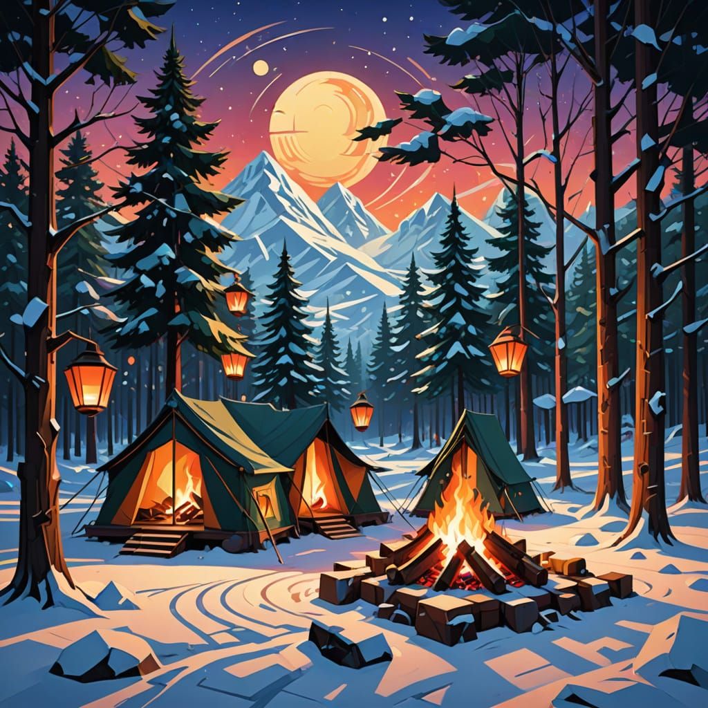 Winter Camping - Surreal Campfire Scene in Neo-Cubist Art De...