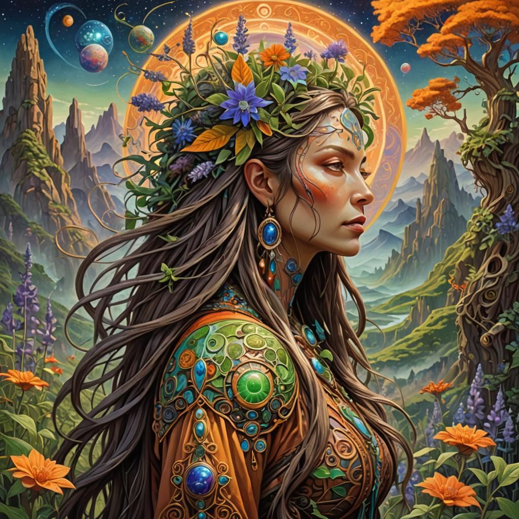 a painting of a long-haired woman, a stunning alien landscape, the ...