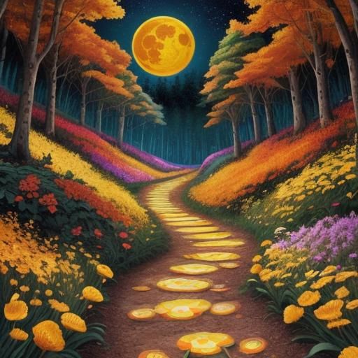 A painting of a glowing golden yellow pathway through a field of ...