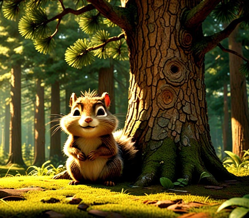 a lovable CGI cartoon chipmunks with a fluffy soft fur texture ...