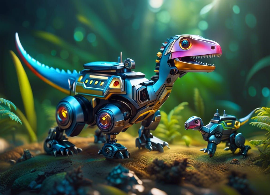 futuristic people have small cute RC robot dinosaurs as pets;by artist ...