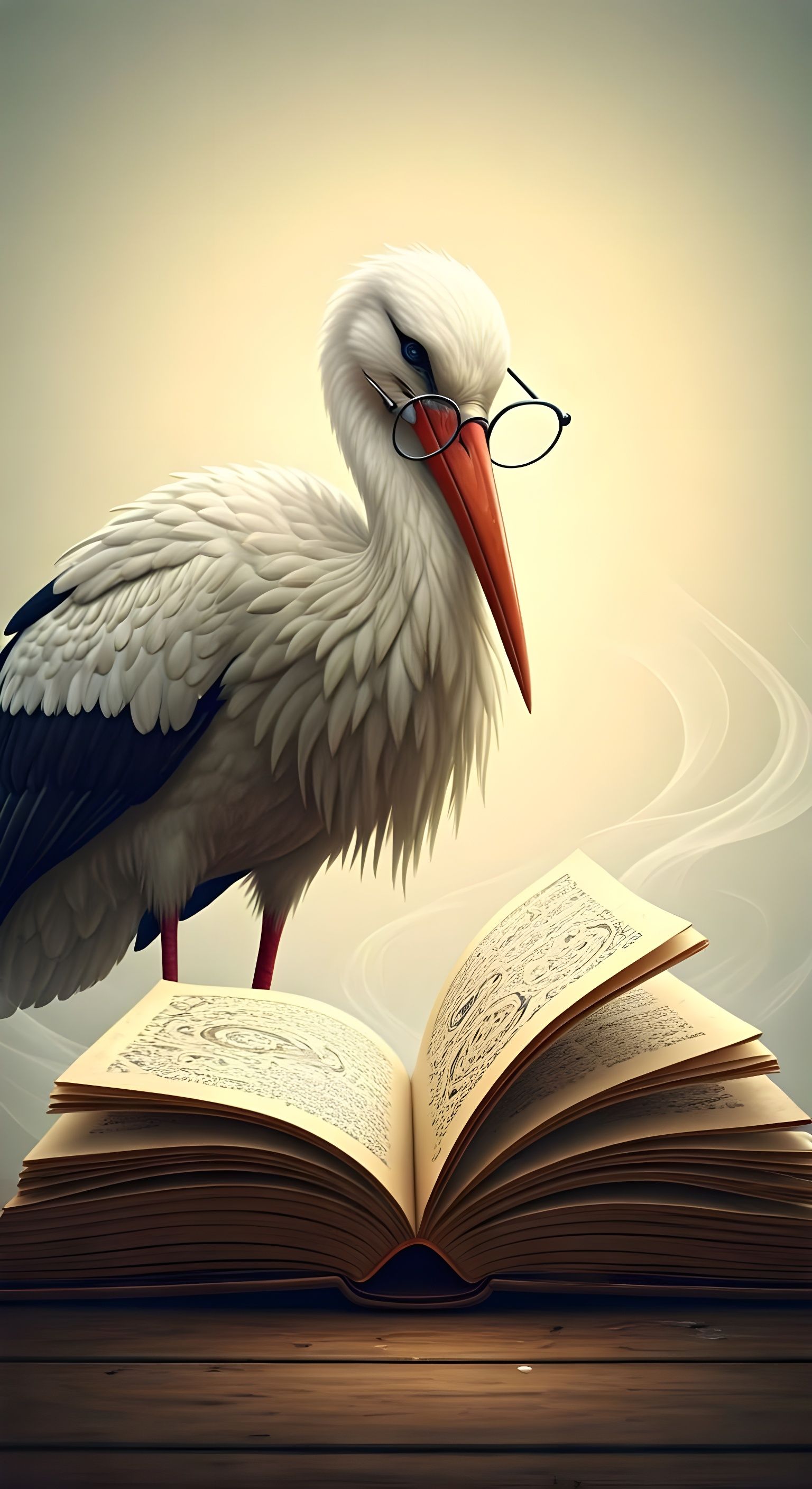 Stork with glasses looks at an open book