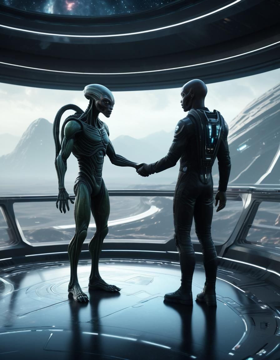 In the hyper-realistic scene, an alien and a black human meet with a ...