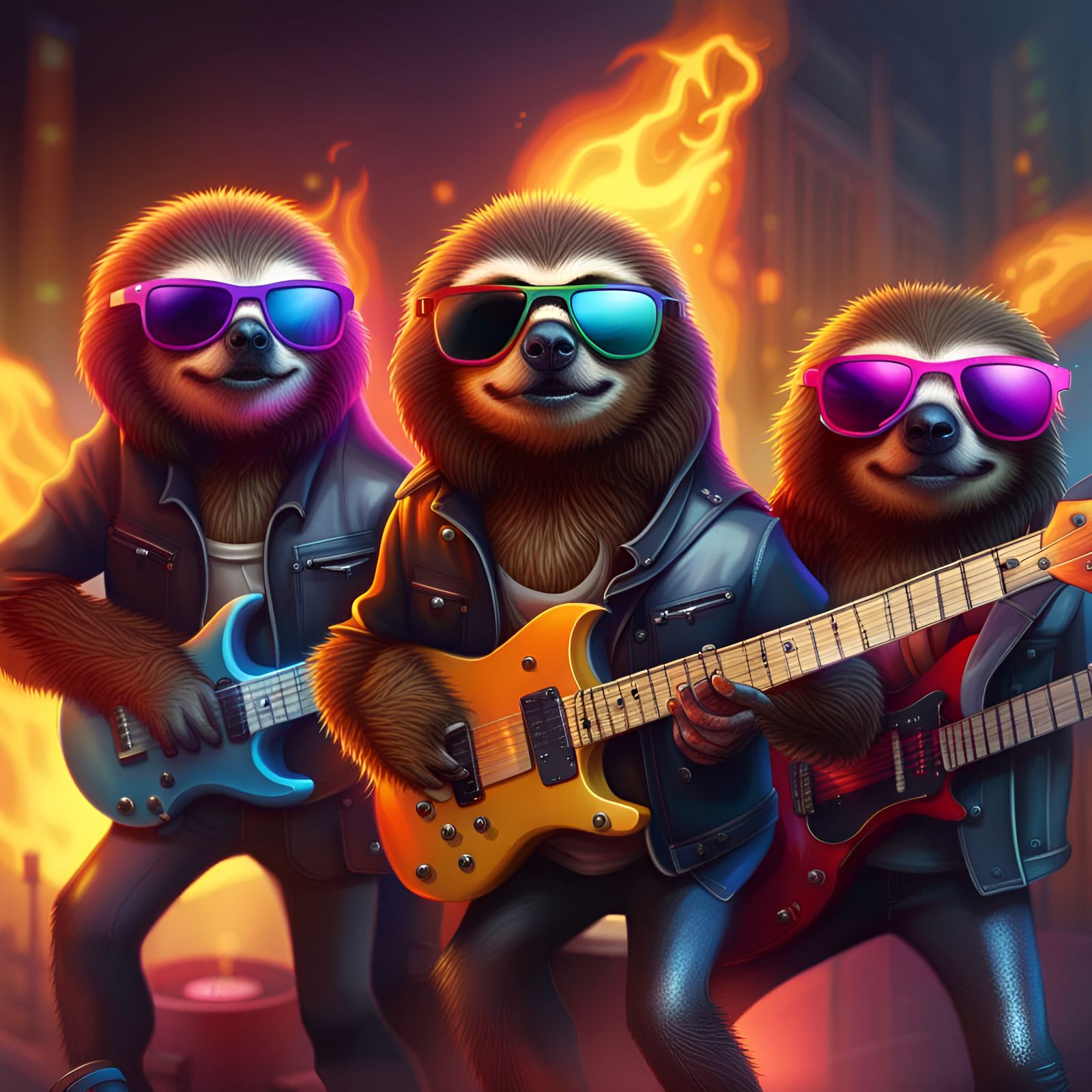 A band of 4 sloths rocking out on electric guitars - AI Generated ...