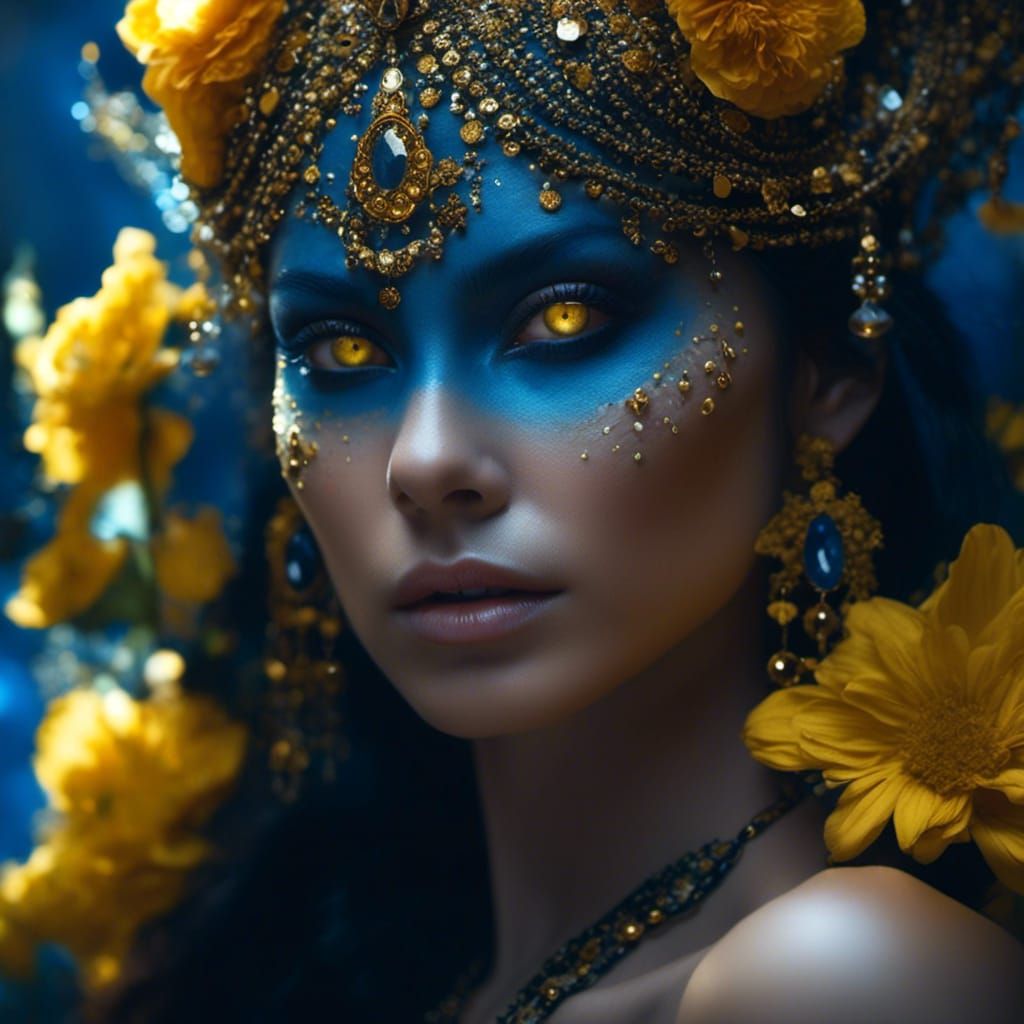 blue - Alien Woman with Jewels in Dark Oil Painting