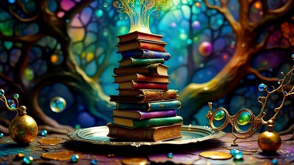 Book Hoard - Whimsical Tower of Curious Tomes in Ethereal Gl...