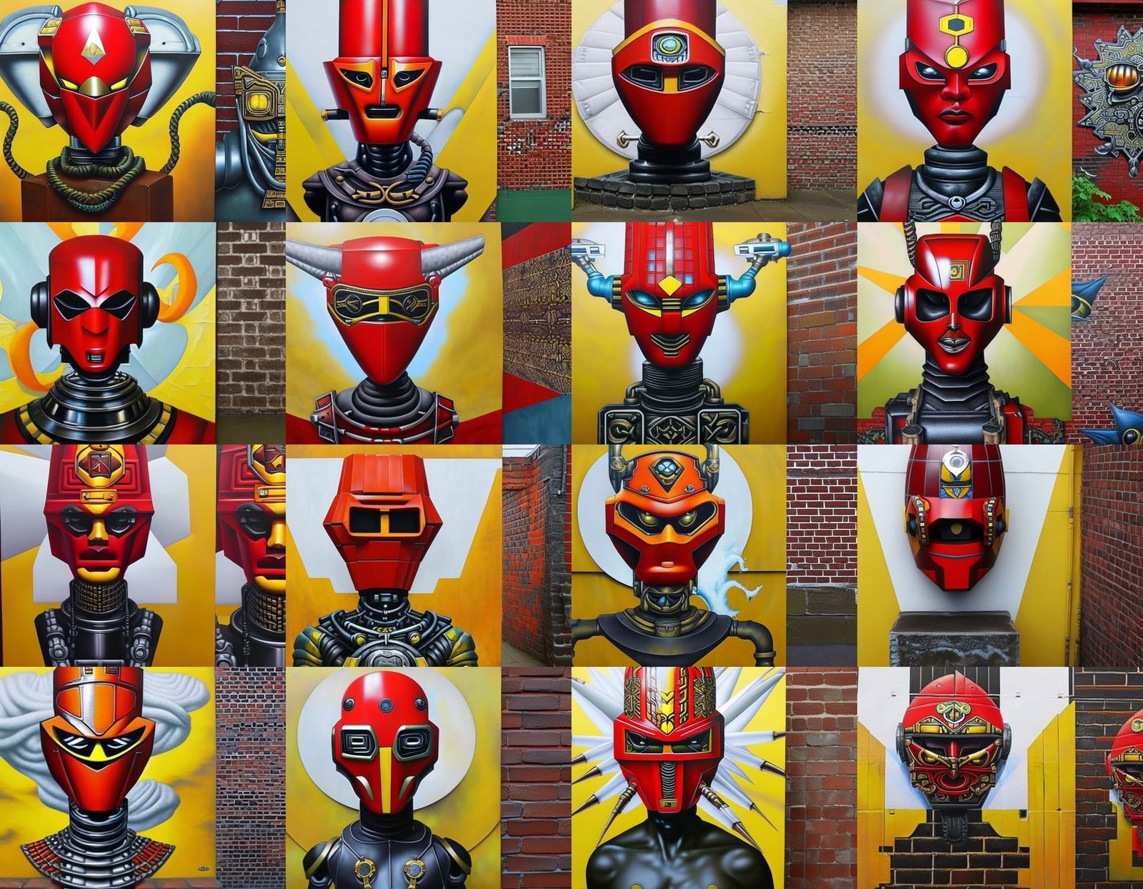A graffiti piece on a brick wall, demonic red robot mask, yellow ...