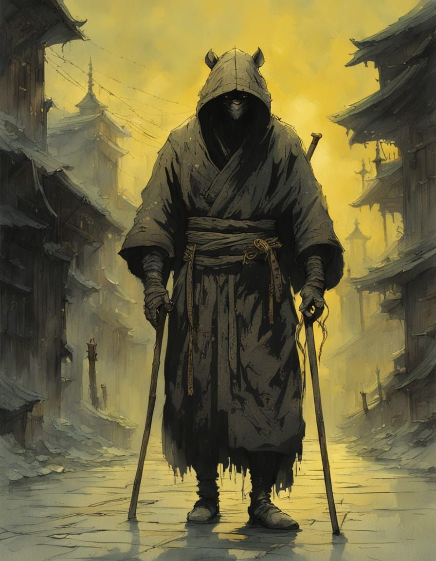Ninja Rat Master Splinter in Dark Robes Holds Wood... - AI Art
