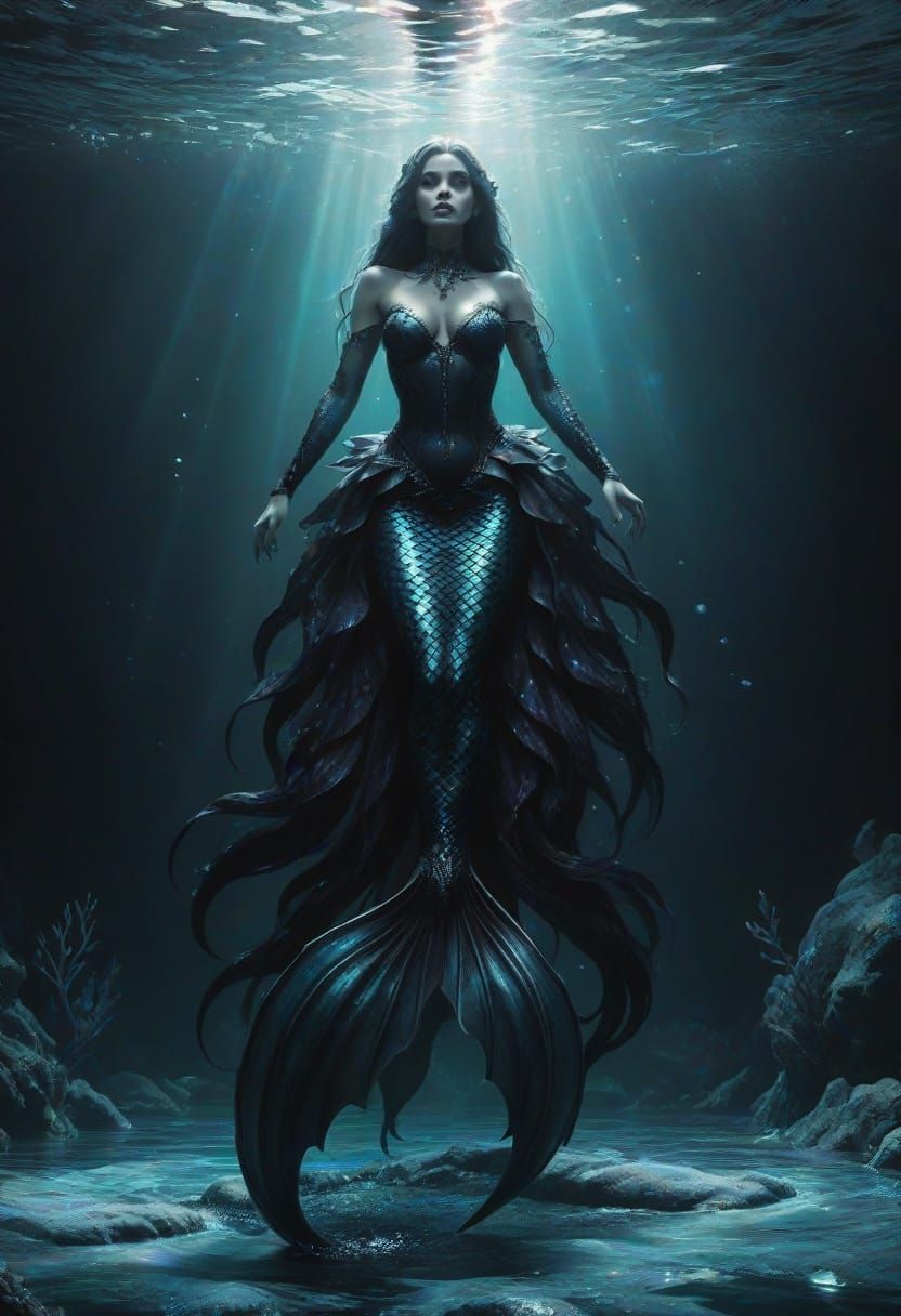 Dark Fantasy Mermaid with Shimmering Black Tail in... - AI Art