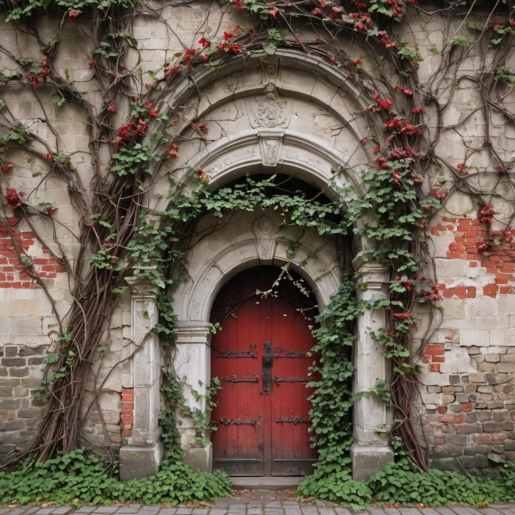 Red Arch Door , going into an old building , with vines - AI Generated ...
