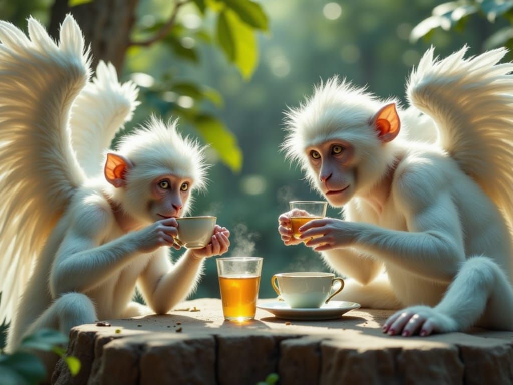 Monkeys with Angel Wings Enjoy Tea in a Lush Jungl... - AI Art