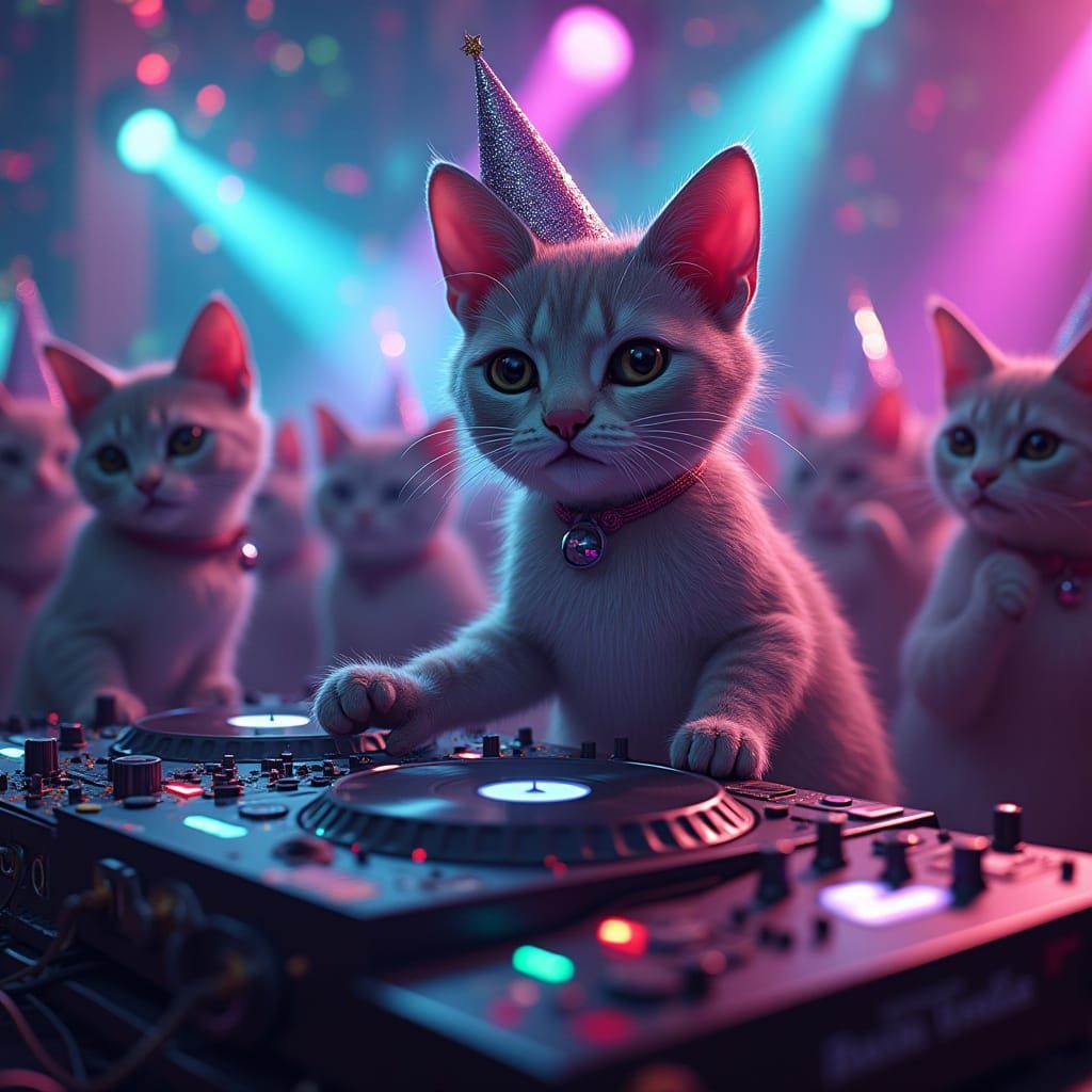 P. Kitty having fun - Whimsical Feline DJ in a Vibrant Night...