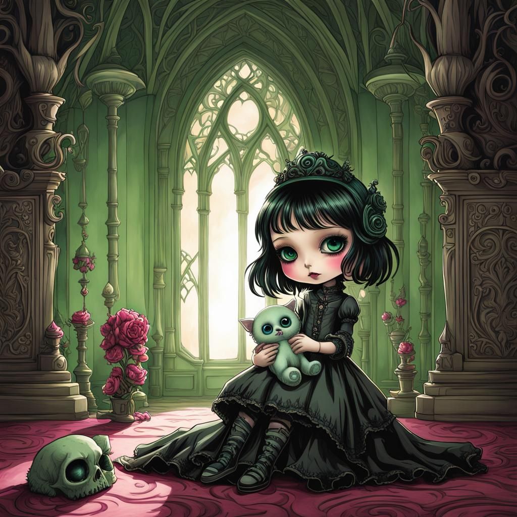 An adorable chibi pouty goth punk mischievous girl with huge detailed ...