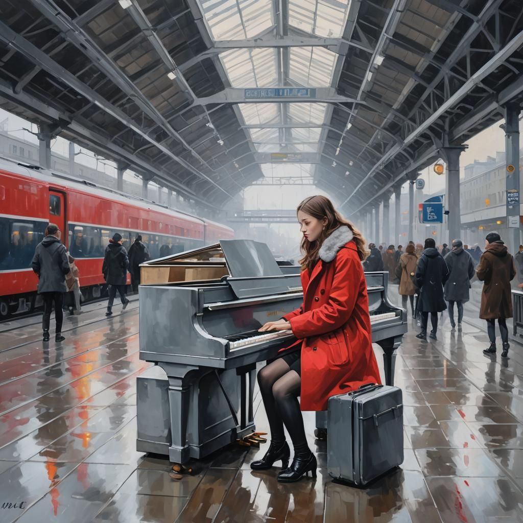 Oil painting of girl wearing red winter coat playing piano in cold train station - AI Generated ...