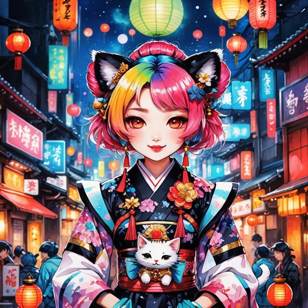 (Hyper detailed cute chibi watercolor art of a laughing anime fan girl ...