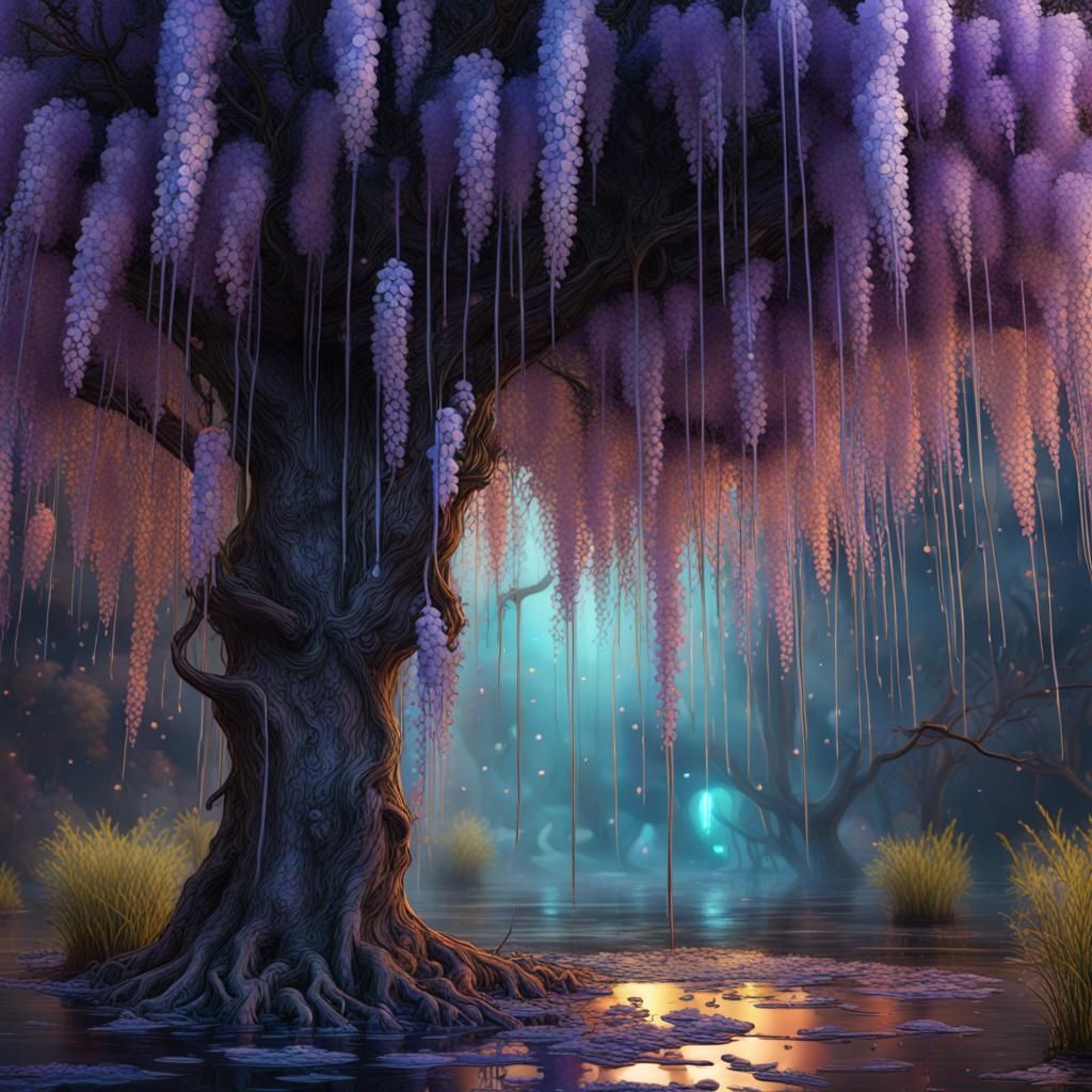 Maximalist Ink splatter bioluminescent flowering wisteria willow tree ...