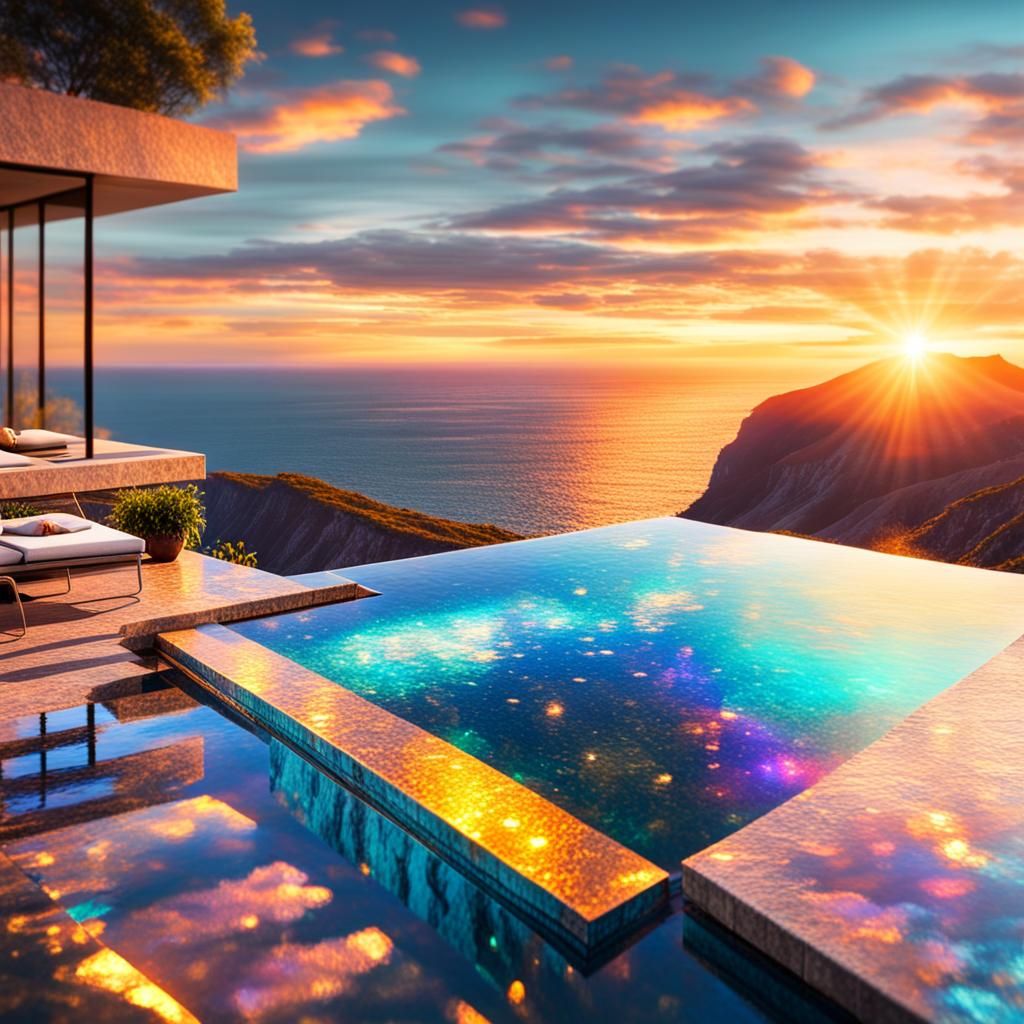 infinity pool on edge of cliff and the sunset creating romantic dream ...