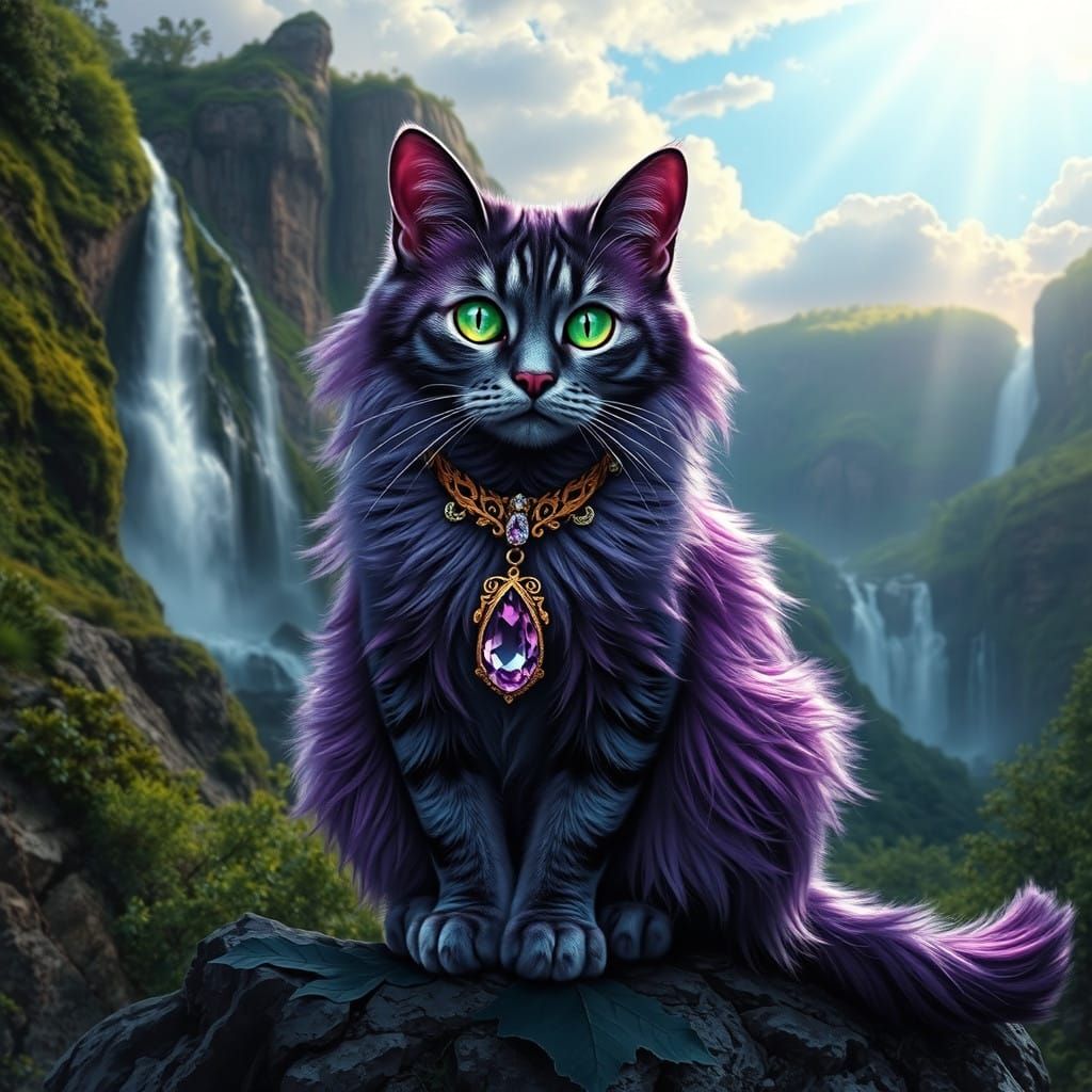 Regal Amethyst Cat in Ethereal, Dreamy Landscape - AI Art