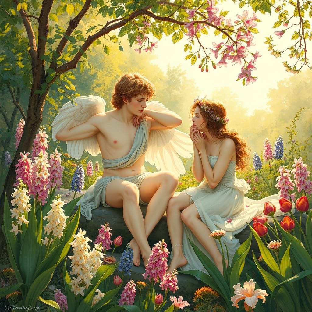 Apollo, Hyacinthus, and Cyparissus surrounded by lush gardens, amidst ...