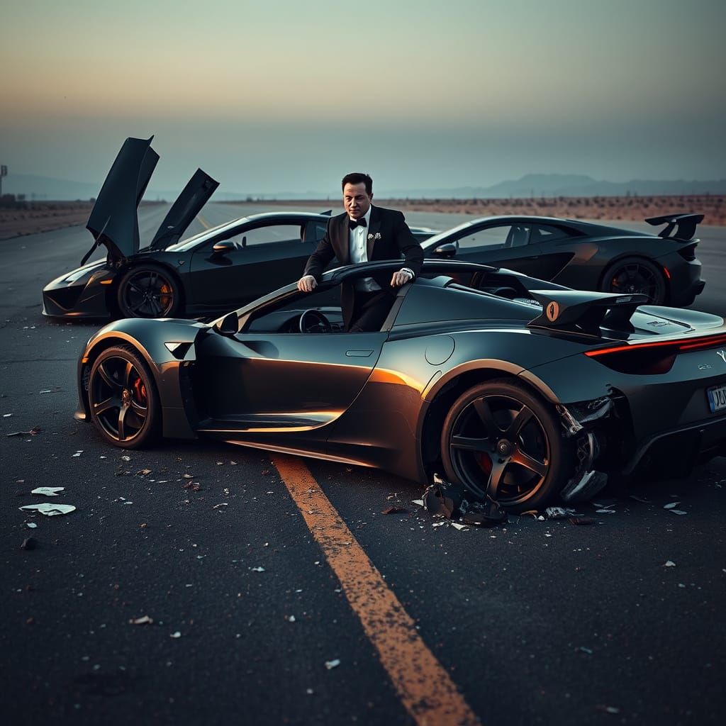 Tesla Founder's Series Roadster in Fiery Crash - AI Art