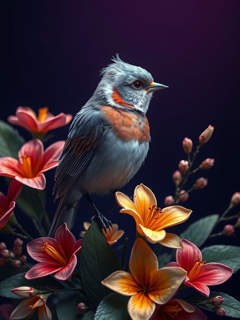 Whimsical Fantasy Bird in a Lush Floral Wonderland - AI Art
