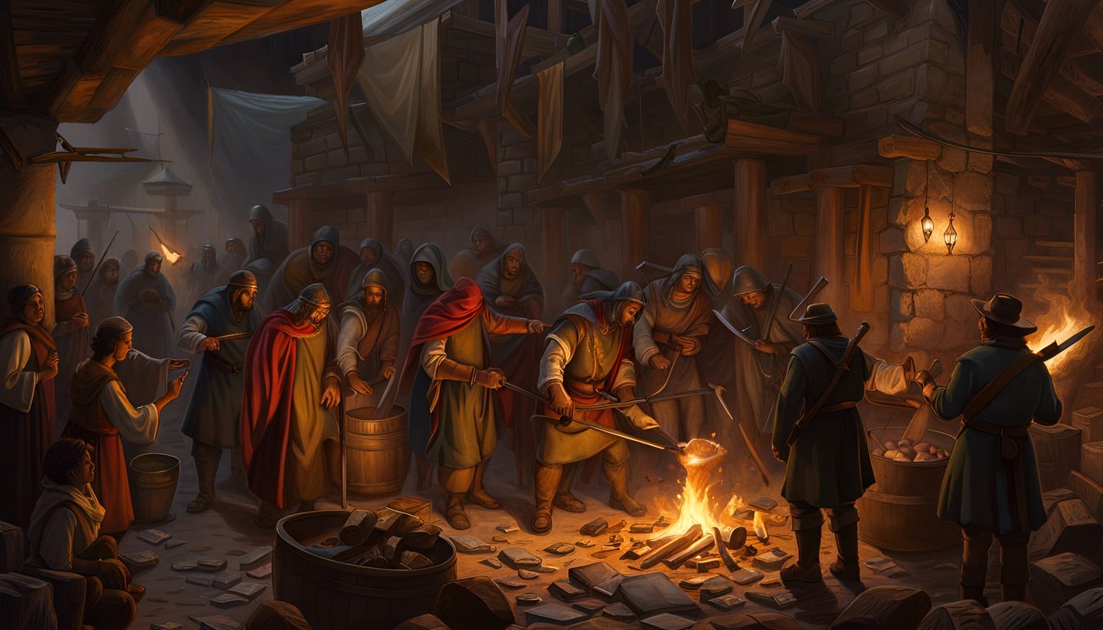 circa 1100 a blacksmith is pulling a tooth from a crusader in a busy ...