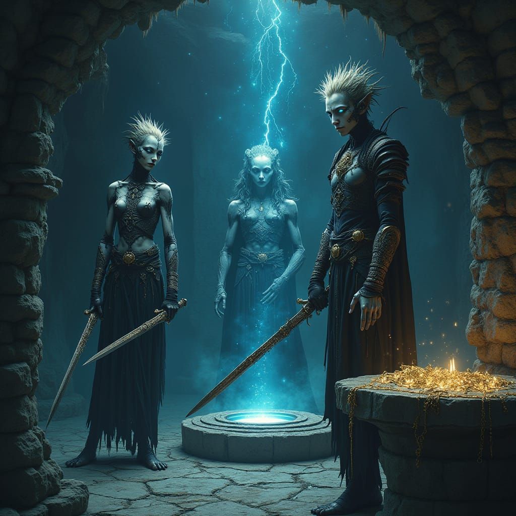 Ethereal Humanoids in Dark, Ornate Armor, Beside A... - AI Art