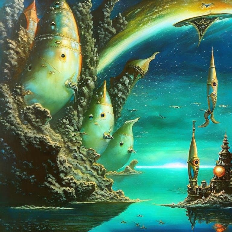 a fantastical Submarine under an Amazing fantasy ocean with ...