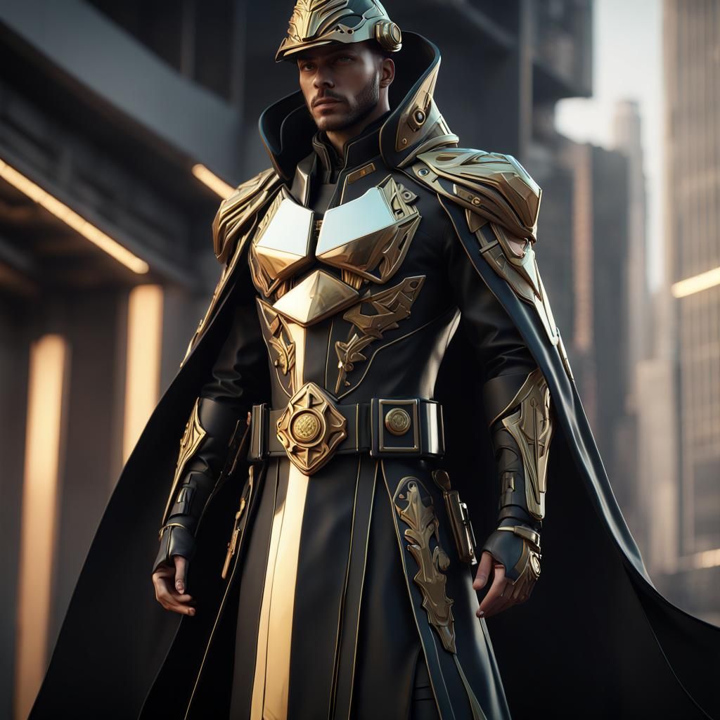 Male futuristic & elegant military uniform in black color with gold ...