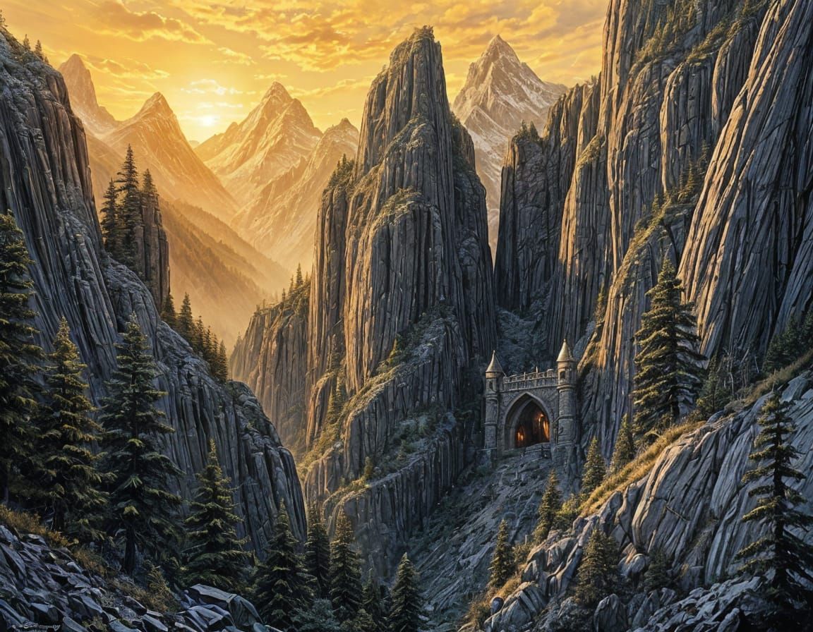 Dwarven Citadel of Craghorn Gate in Dark Grey Rock... - AI Art