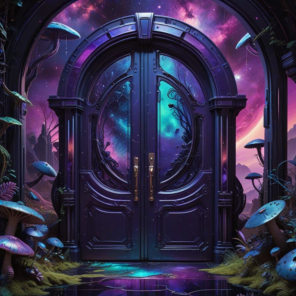 Gateway - Dreamlike Steampunk Doors in Vibrant Galaxy Landsc...
