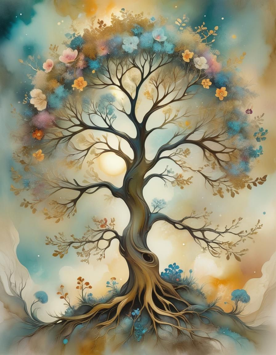 Flower tree - Whimsical Surrealist Tree Blooms in a Dreamlik...