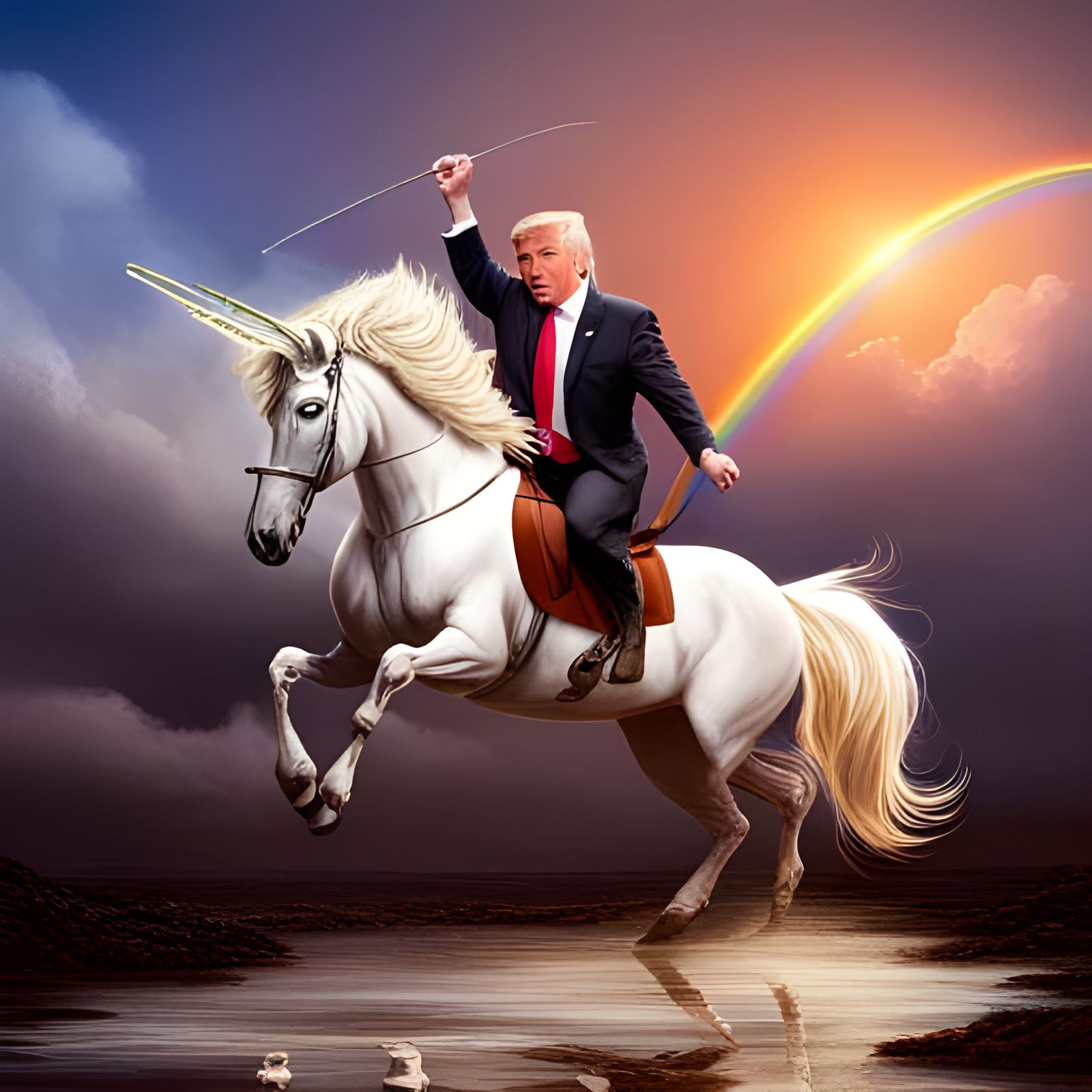 Donald Trump riding a unicorn with a rainbow in the background - AI ...